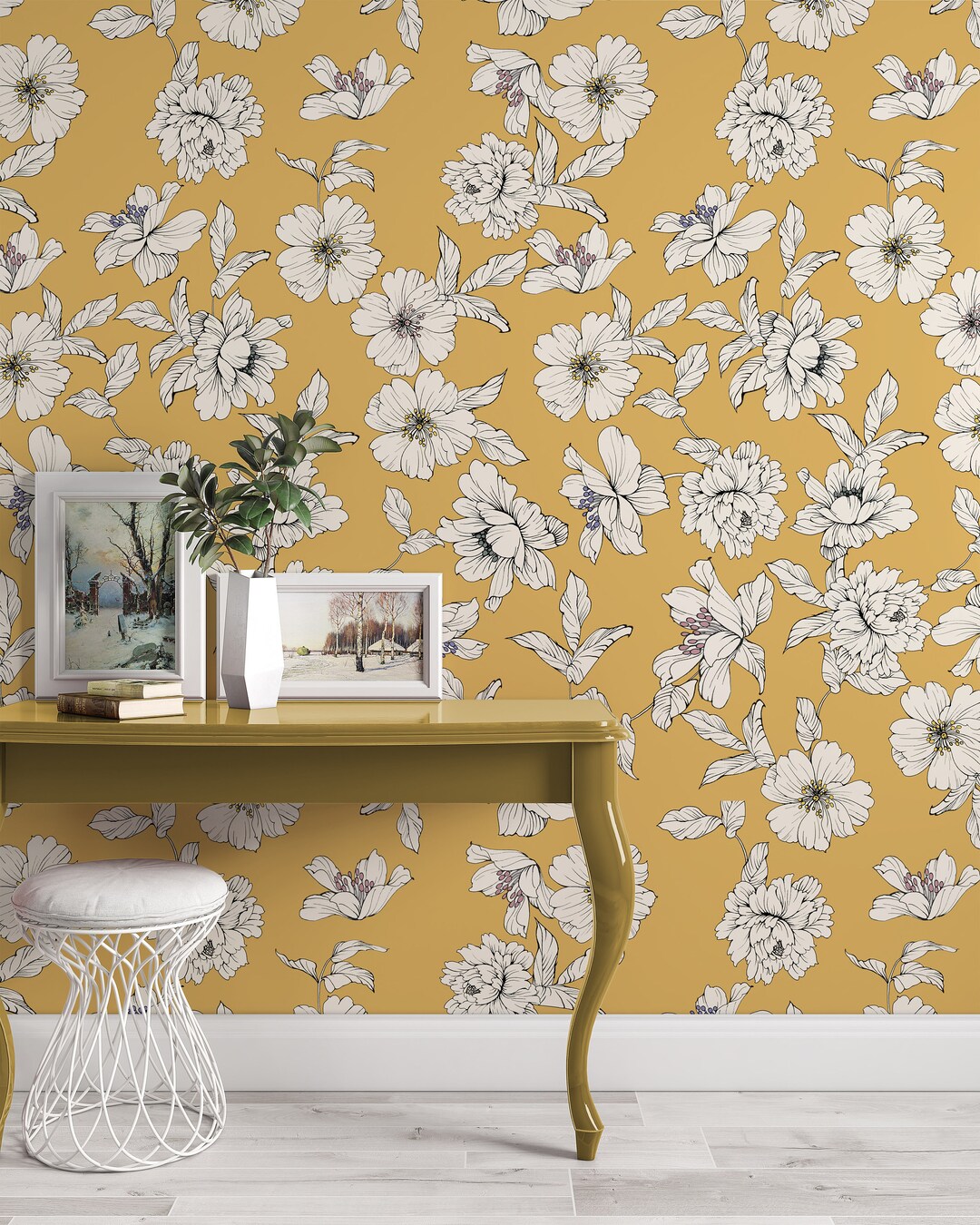 Continuous Circulation Pattern Design on Yellow Bottom White Flowers ...