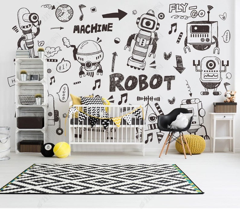 Black and White Robots Posts Funny Wallpaper Self Adhesive - Etsy