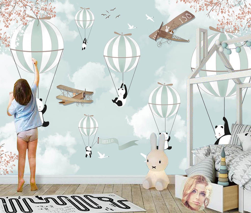Panda Hot Air Balloon Wallpaper, Scandinavian Nursery Decor (peel and ...