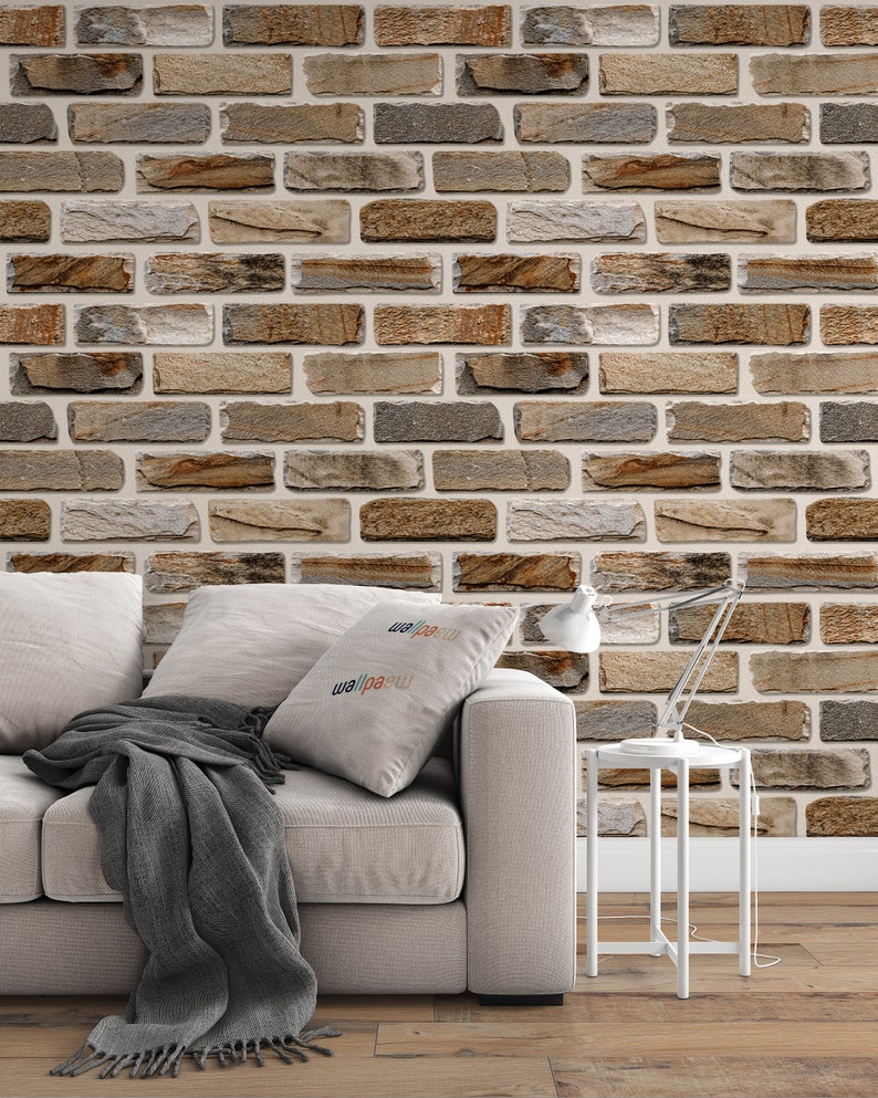 Brick Patterned Wallpaper in Light and Dark Brown Tones Self - Etsy