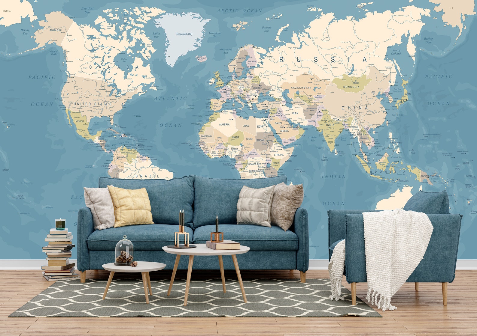 World Map Peel and Stick Wallpaper Blue Oceans Geography Wall - Etsy