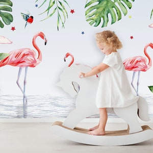 Flamingo Wallpaper Monstera Leaves Peel and Stick Kids Room Wall Mural ...
