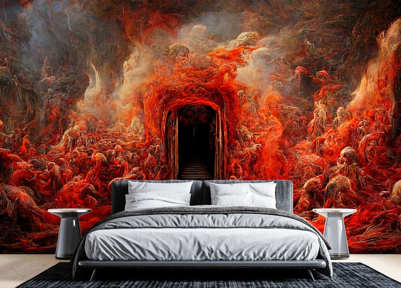 Hell Caves Wallpaper Crimson Wall Mural Fire and Blood Peel and Stick ...