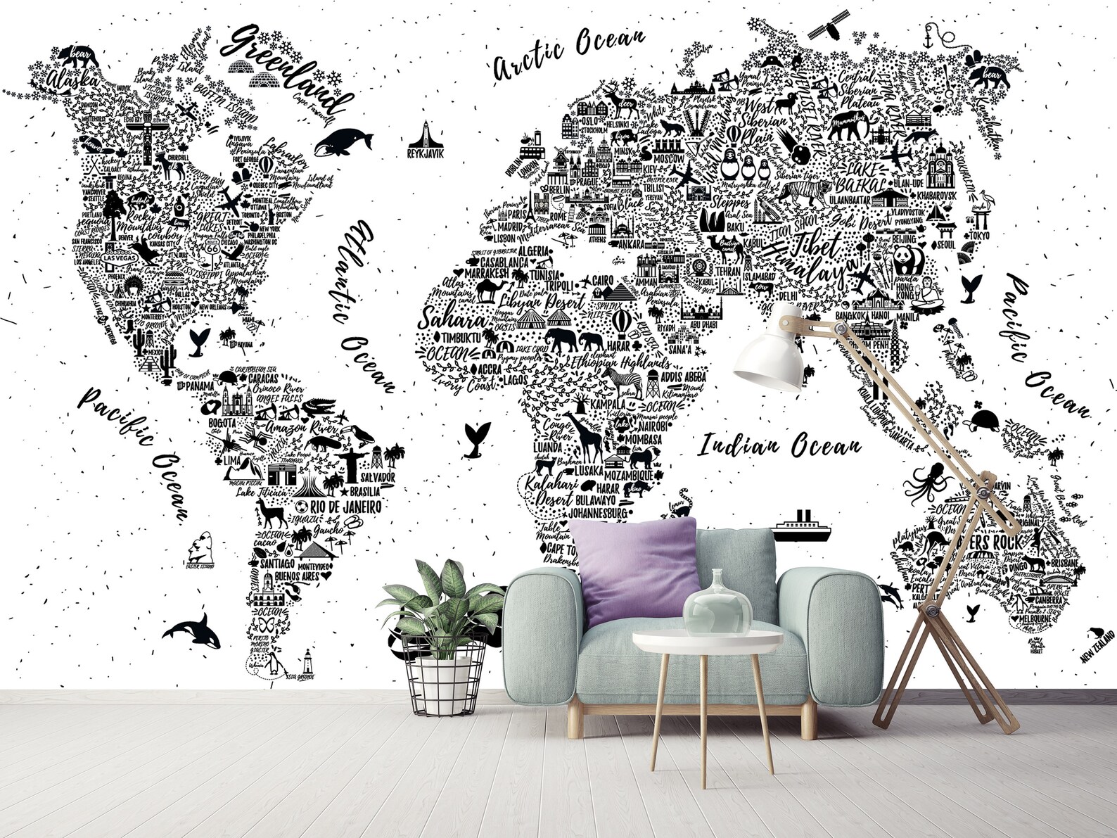 Typography Black White Modern Luxury World Map Wallpaper Self - Etsy