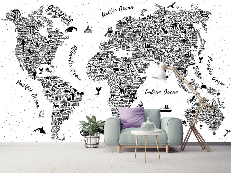 Typography Black White Modern Luxury World Map Wallpaper Self - Etsy