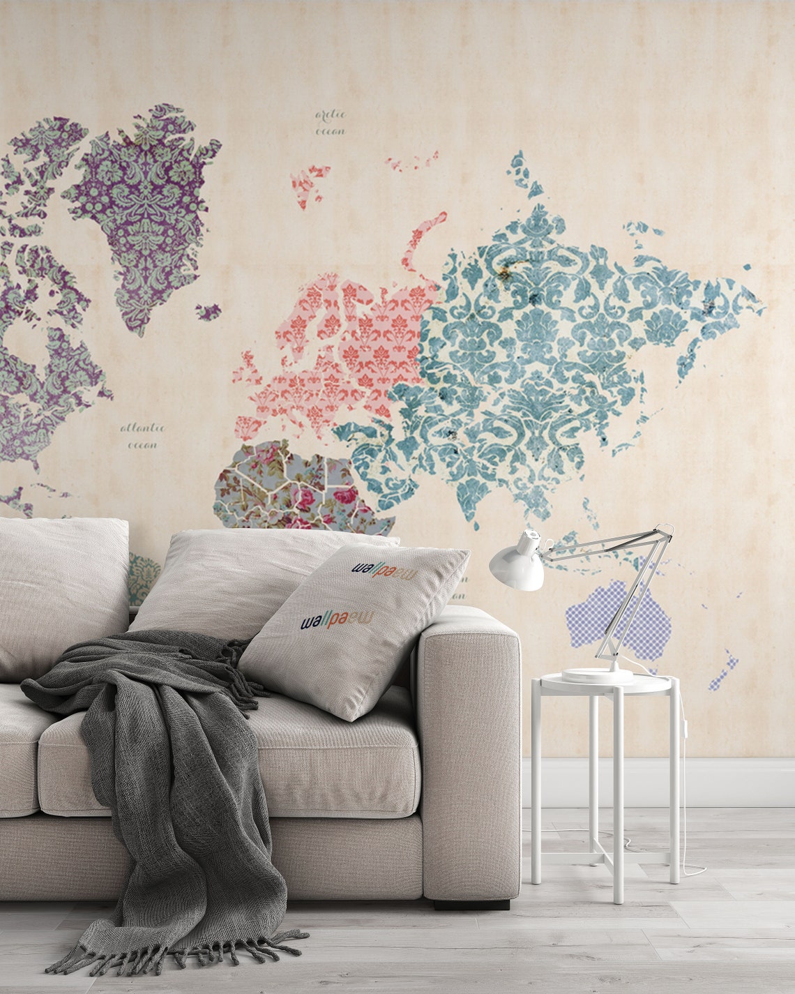 World Map Wallpaper Peel&stick Floral Pattern Wall Mural - Etsy