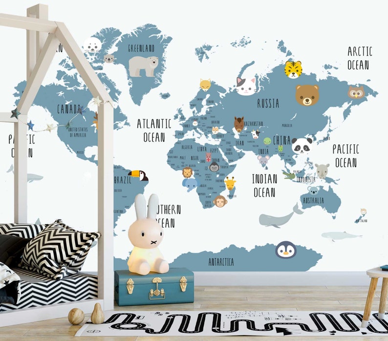 Blue Kids World Map Cartoon With Cute Animals Self Adhesive - Etsy