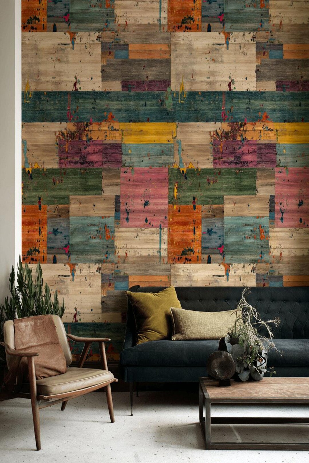 Abstract Wood Panel Wallpaper Color Block Peel and Stick Rustic Wall ...