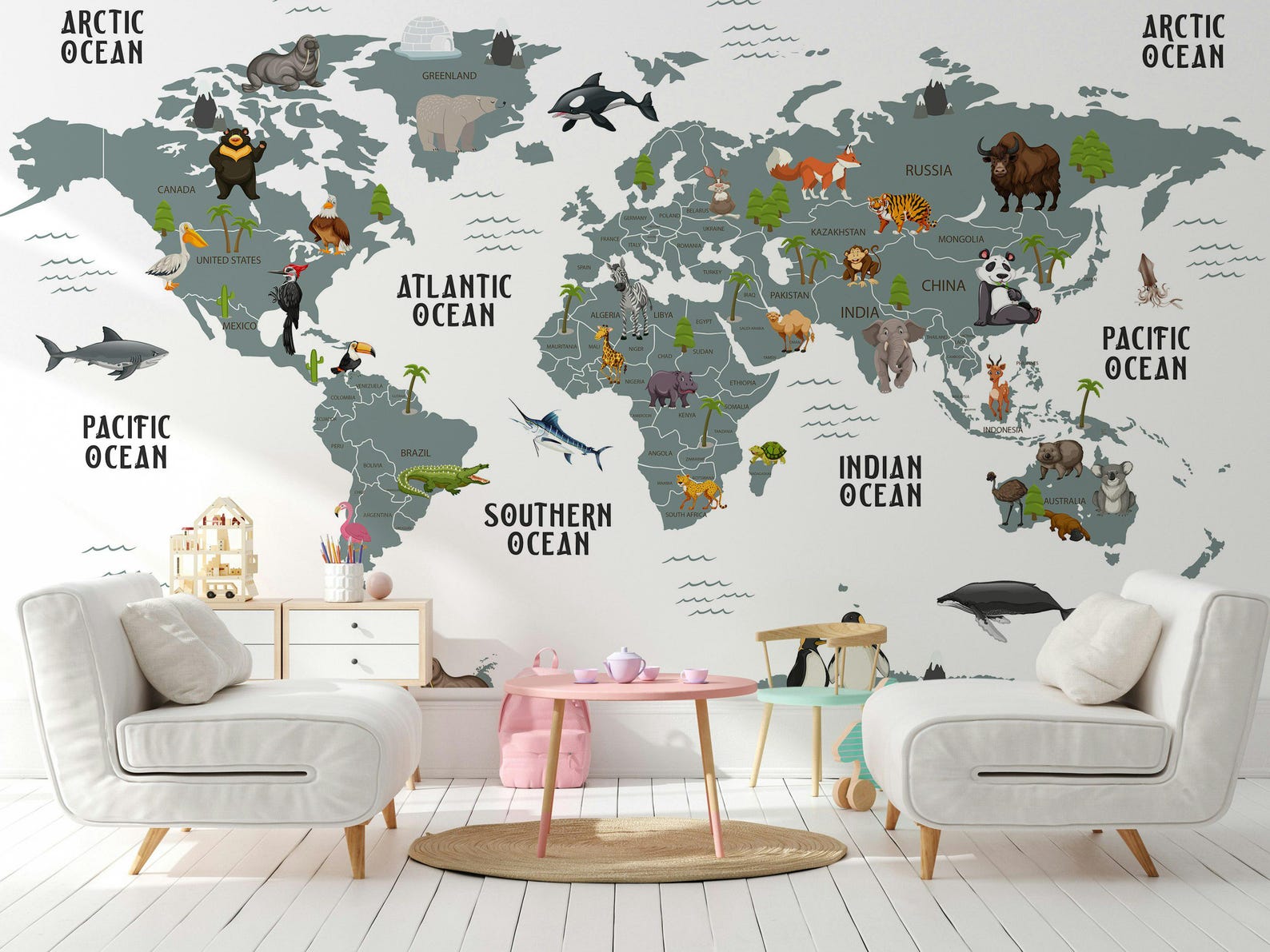 Wildlife Animals White Ocean Background World Map Wallpaper Self ...
