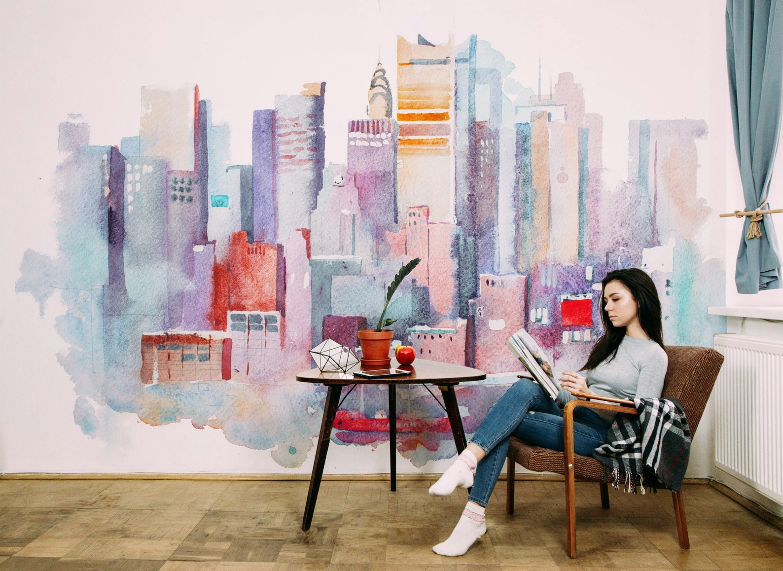 Colorful Skyscraper City Watercolor Modern Wallpaper Self Adhesive Peel ...