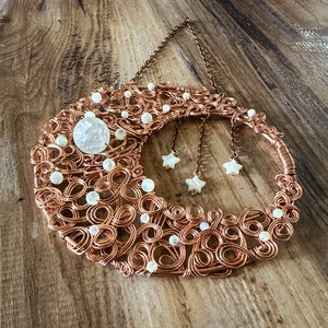 Handcrafted Chaos Swirl Copper Wire Moon Suncatcher With Crackled ...
