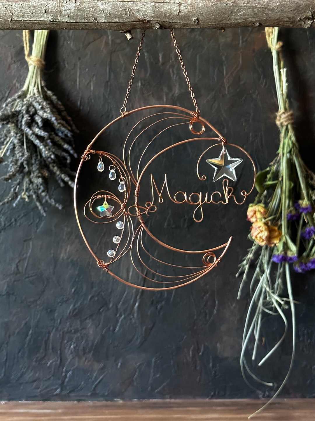 Magick Crescent Moon Wire Word Art Wall Hanging, Copper Wire-wrap Moon ...