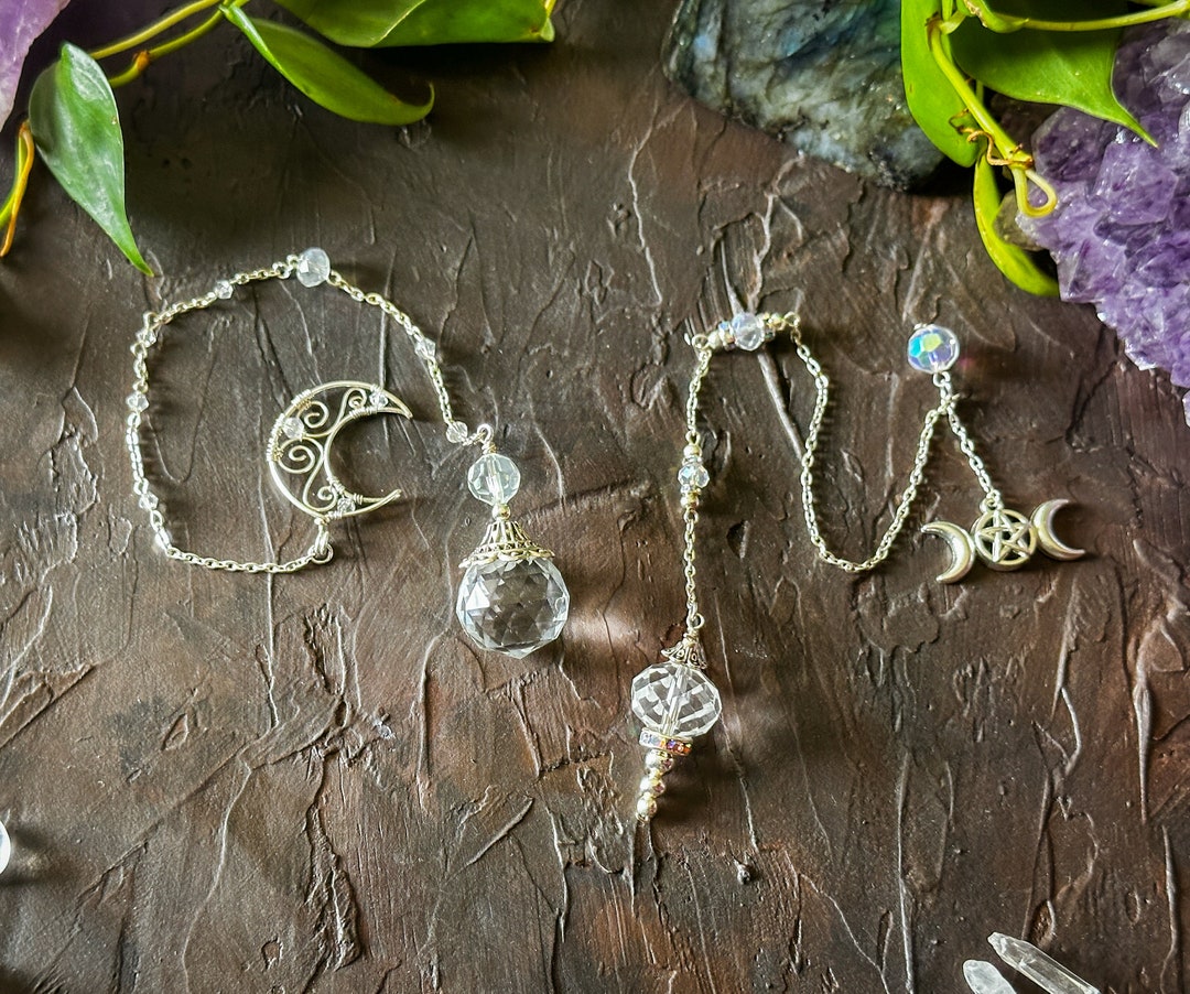Silver Moon Crystal Ball Pendulums - Faceted Prism Witchcraft Pendulum ...