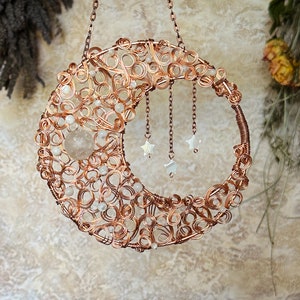 Handcrafted Chaos Swirl Copper Wire Moon Suncatcher With Crackled ...