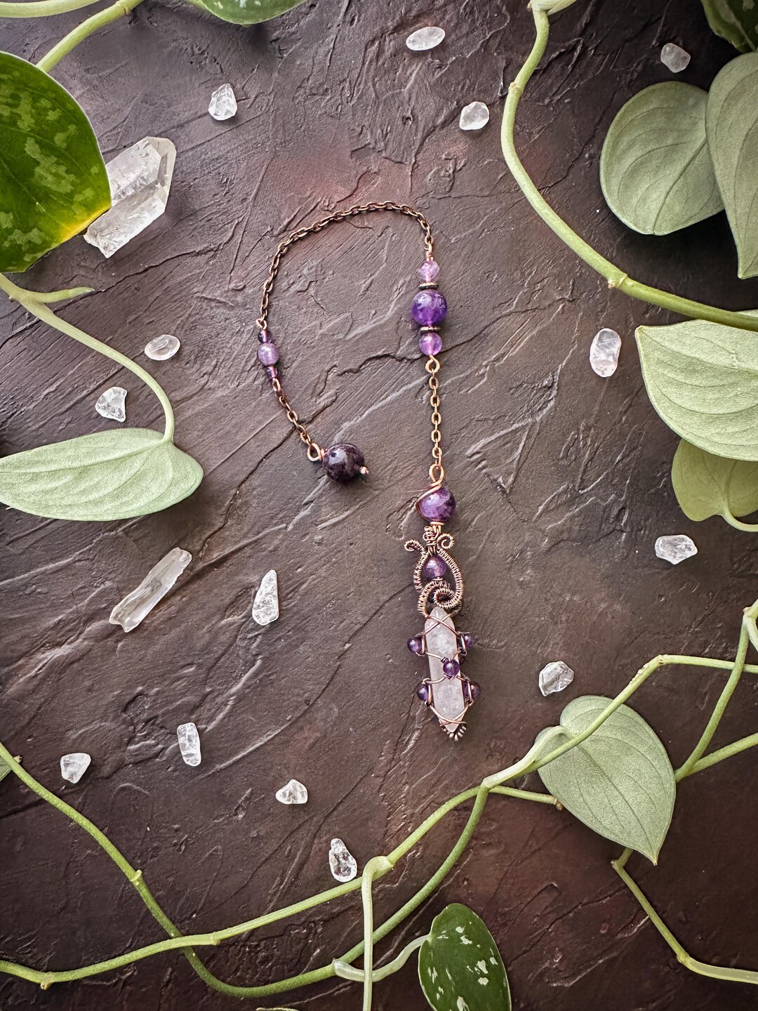 Handcrafted Copper Wire Wrap Clear Quartz & Amethyst Crystal Pendulum ...