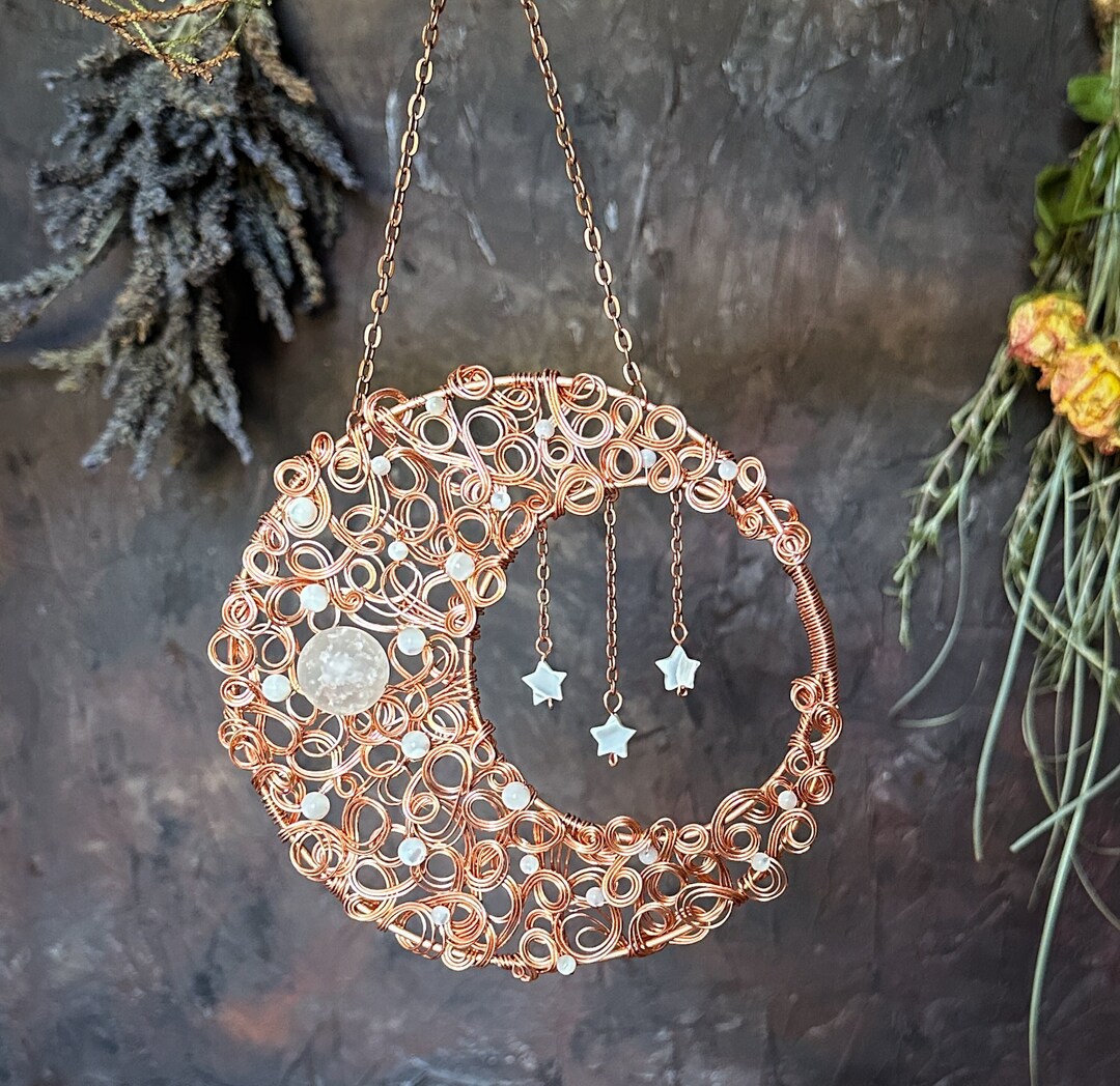 Handcrafted Chaos Swirl Copper Wire Moon Suncatcher With Crackled ...