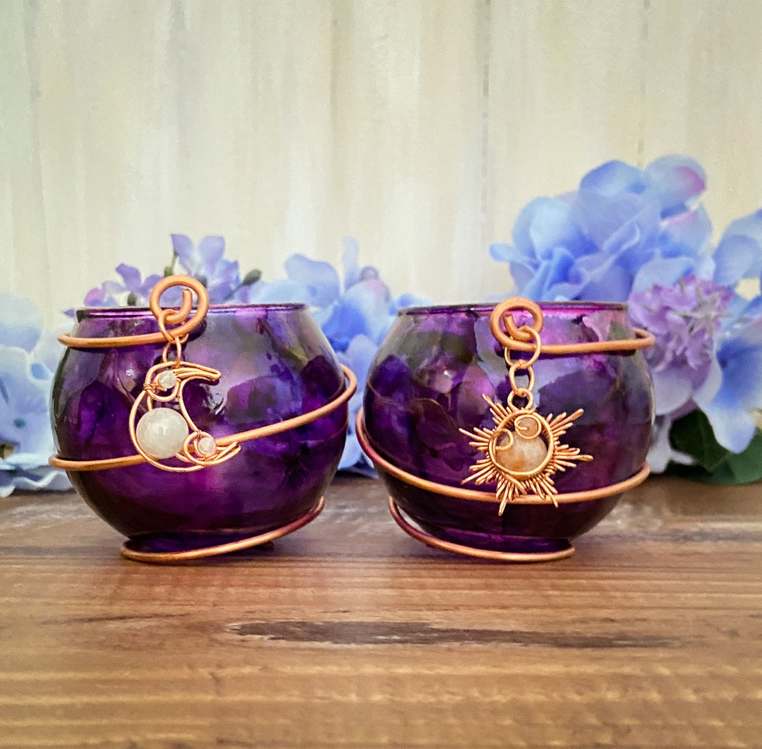 Wiccan Altar Candle Holders to Honor the Goddess and God, Purple Glass ...