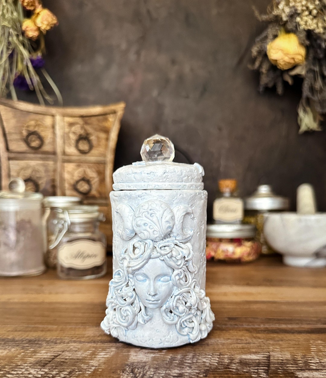 Full Moon Goddess Apothecary Jar With Crystal Ball Lid - Handcrafted ...