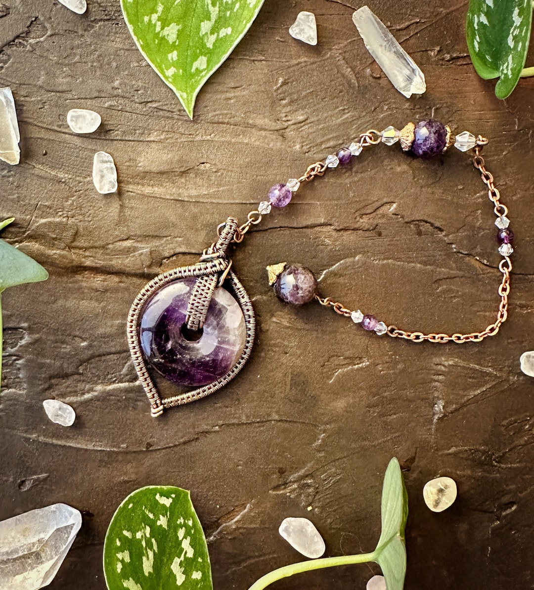Amethyst Crystal Pendulum | Donut Pi Stone Copper Wire Divination Tool ...