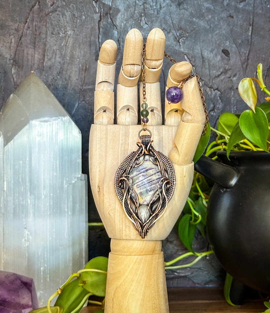 Purple Zebra Jasper Pendulum With Amethyst & Fluorite Accents. Handcrafted Copper Wire Wrapped ...