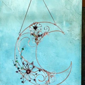 Wire-wrapped Crescent Moon Wall Hanging With Crystal Accented Flowers ...