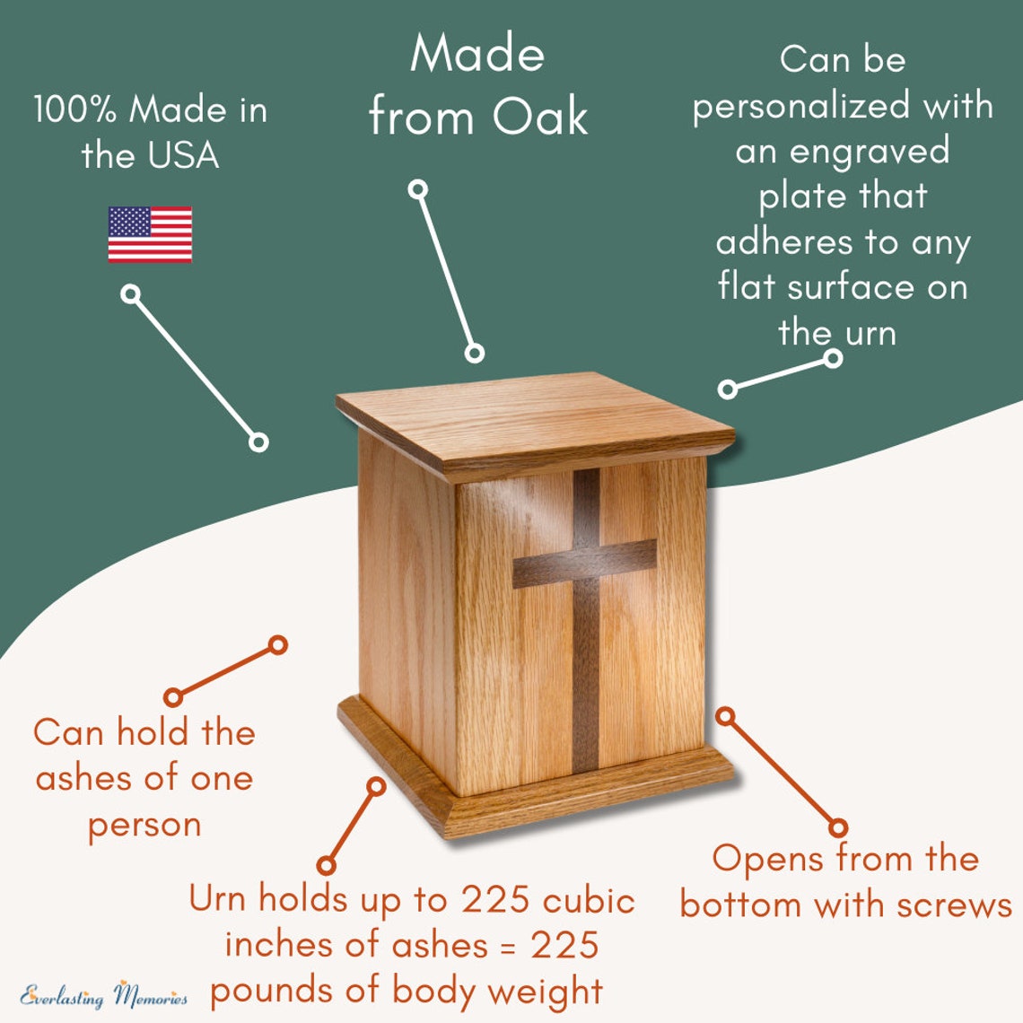 EVR Memories Square Oak Cremation Urn With Walnut Cross- Made in ...