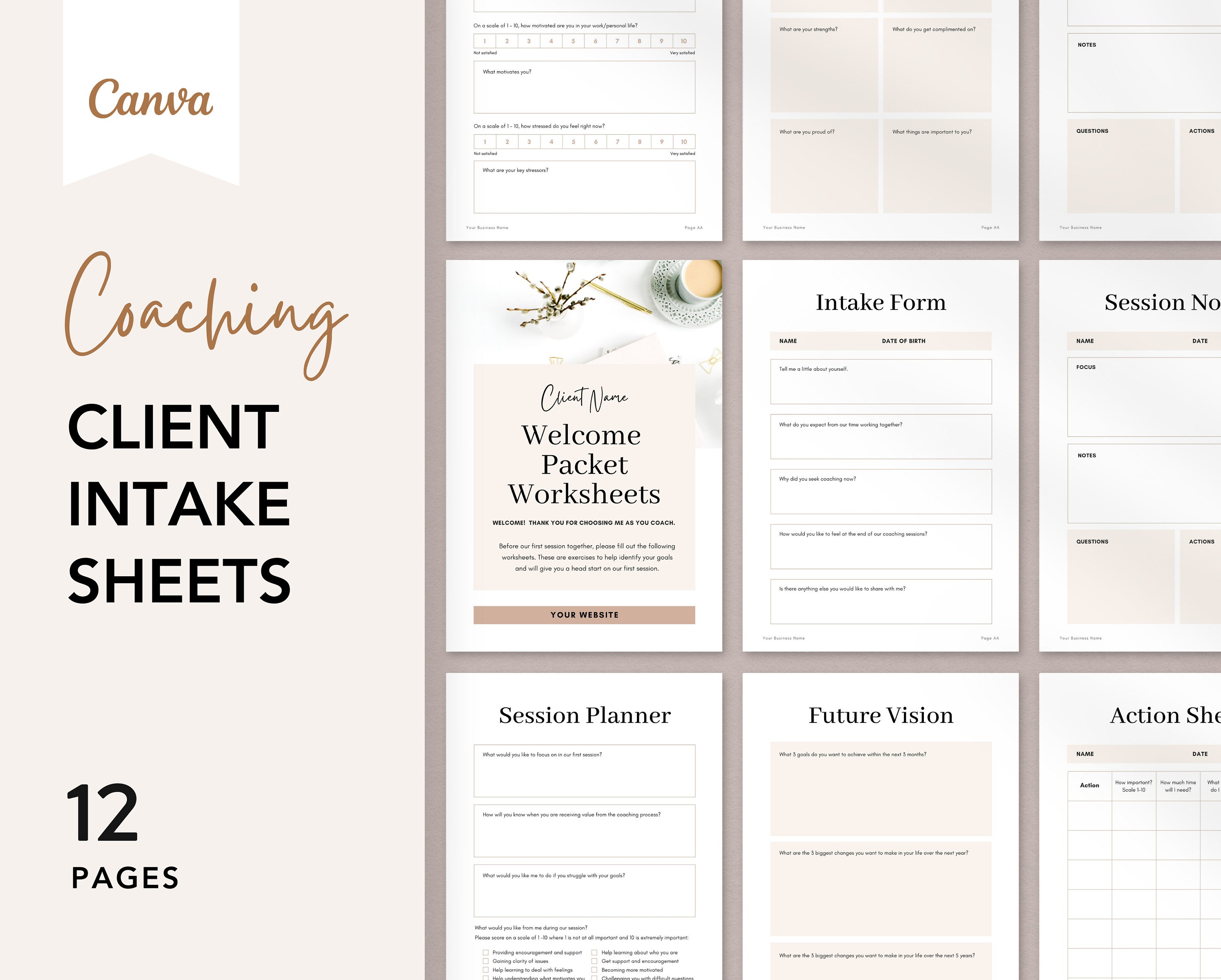 Coaching Client Intake Sheets - Canva Coaching Template - Client ...