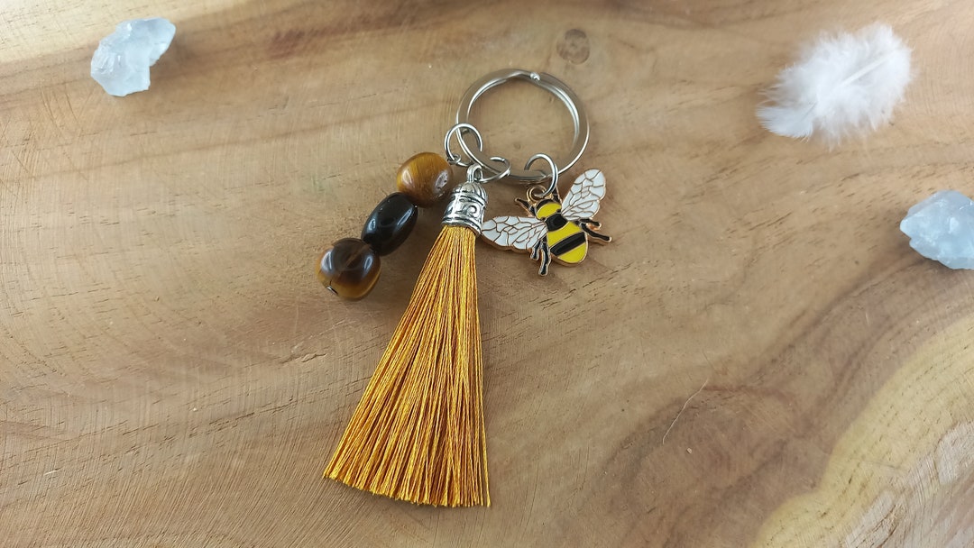 Mustard Yellow Bee Key Ring Natural Tiger's Eye Stones Pompom - Etsy