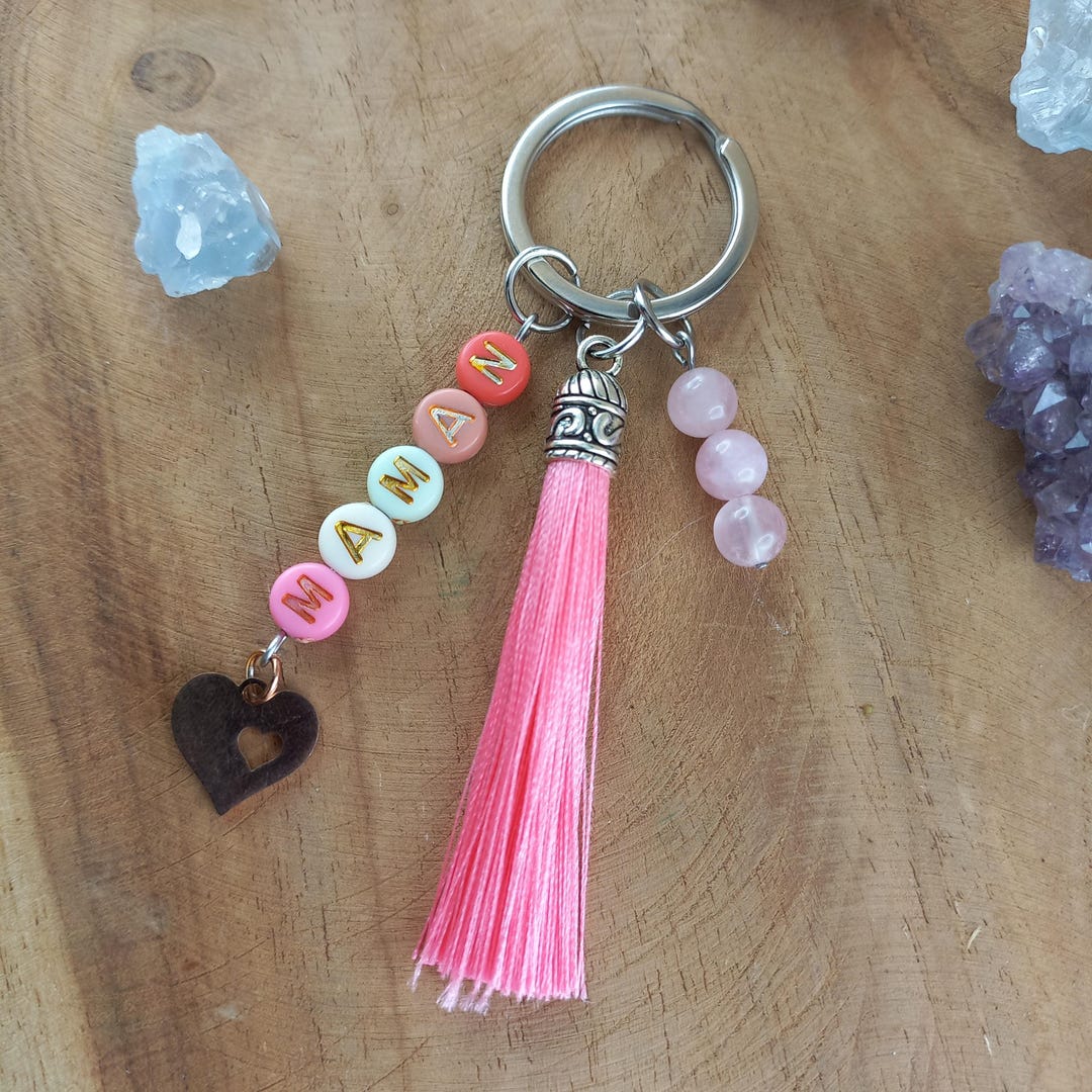 Pink Key Ring - Natural Rose Quartz Stones - Pompom - Mom Heart ...
