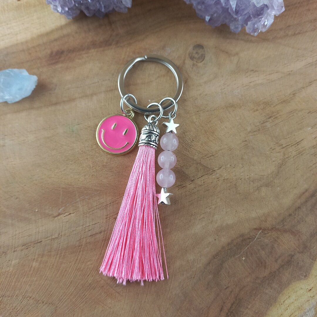 Pink Key Ring - Natural Pink Quartz Stones - Pompom - Smiley and Stars ...