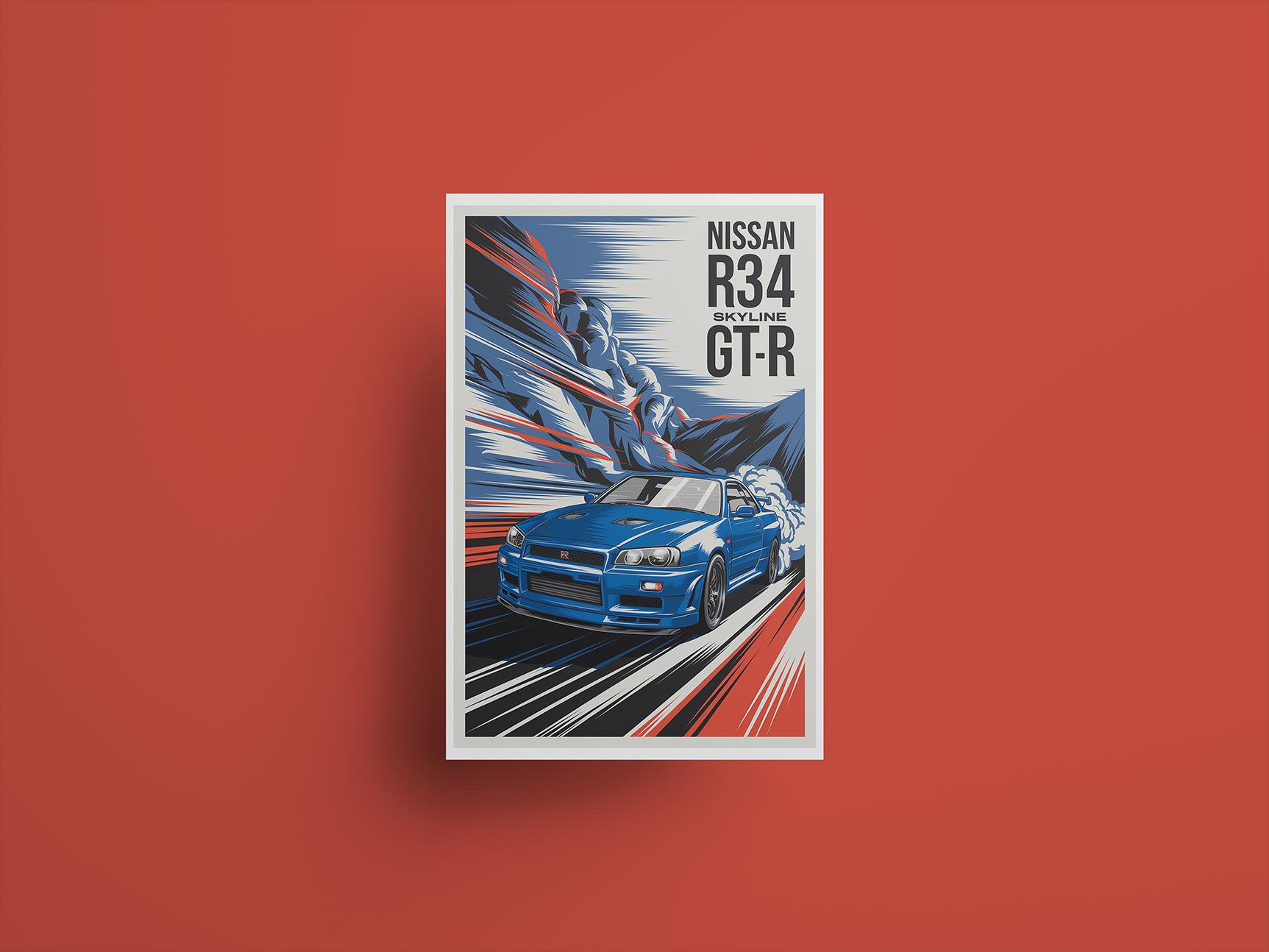 Nissan R34 Skyline GT-R Poster, Japanese Sports Car Wall Art, Garage ...