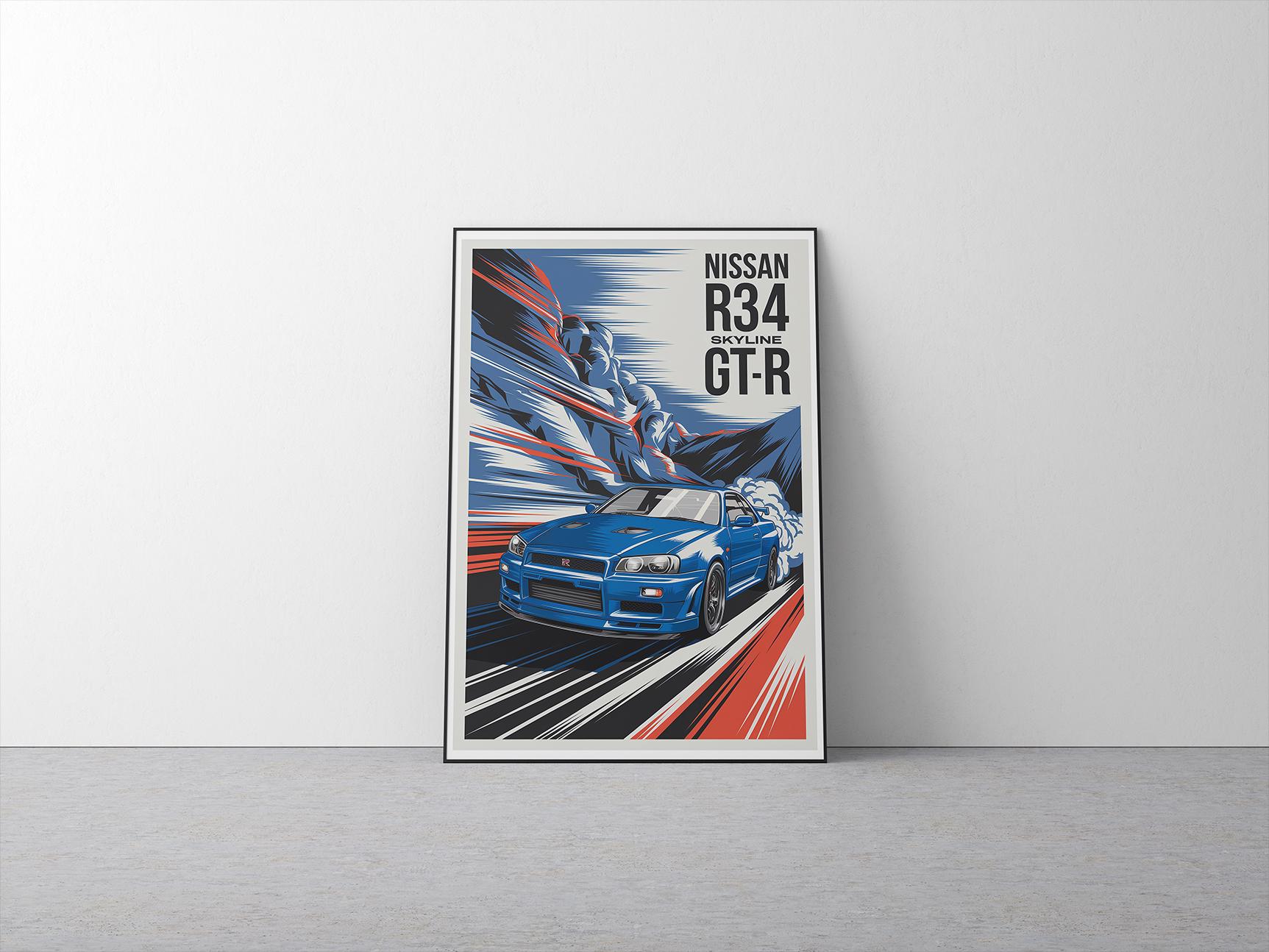 Nissan R34 Skyline GT-R Poster, Japanese Sports Car Wall Art, Garage ...