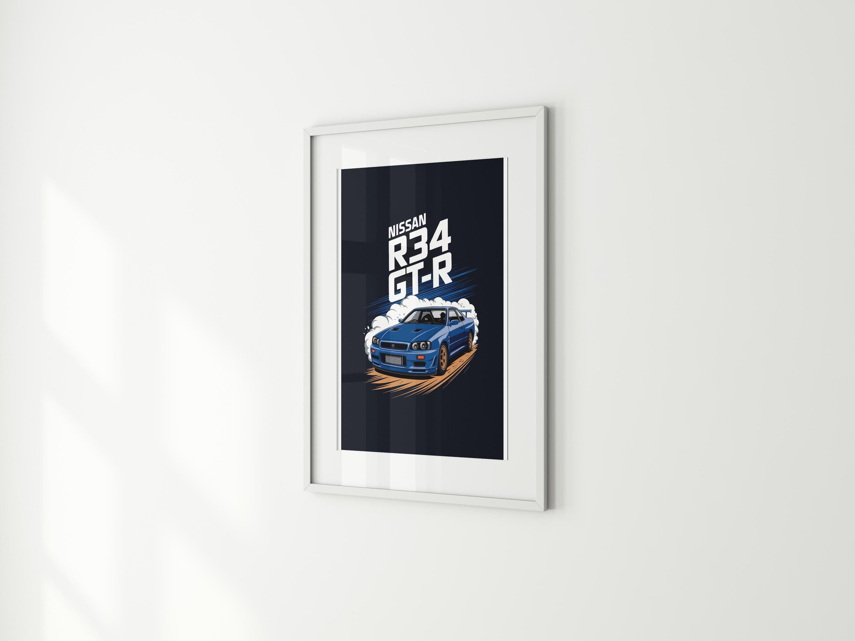 Nissan R34 GT-R Japanese Sports Car Poster, JDM Wall Decor, Car ...