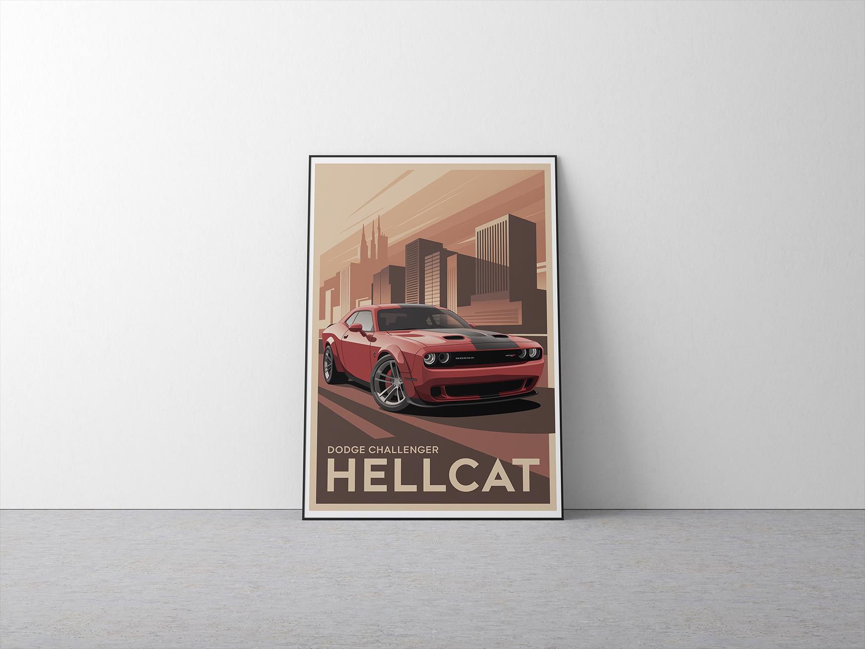 Dodge Challenger Hellcat Digital Poster, American Muscle Car Wall Art ...
