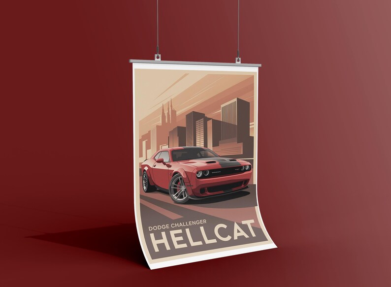 Dodge Challenger Hellcat Digital Poster, American Muscle Car Wall Art ...