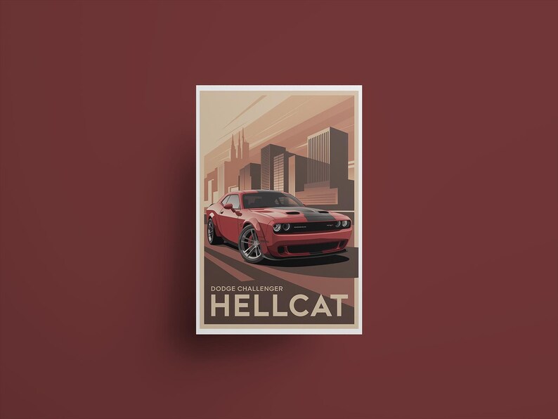 Dodge Challenger Hellcat Digital Poster, American Muscle Car Wall Art ...