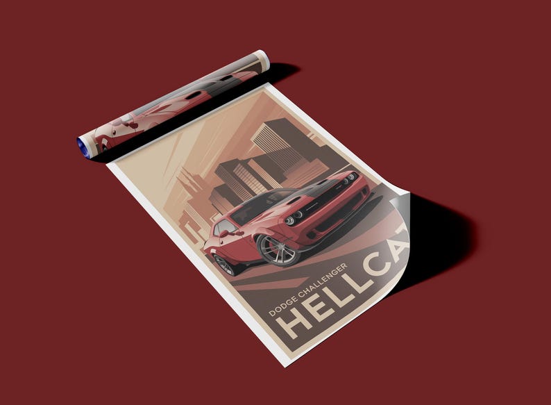 Dodge Challenger Hellcat Digital Poster, American Muscle Car Wall Art ...