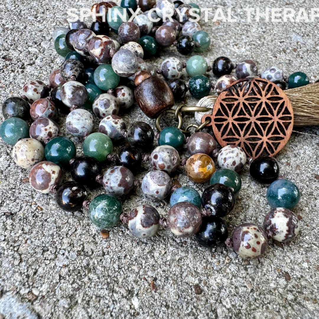 Jasper Moss Agate Mala Necklace: Phlogopite, Flower of Life Charm ...