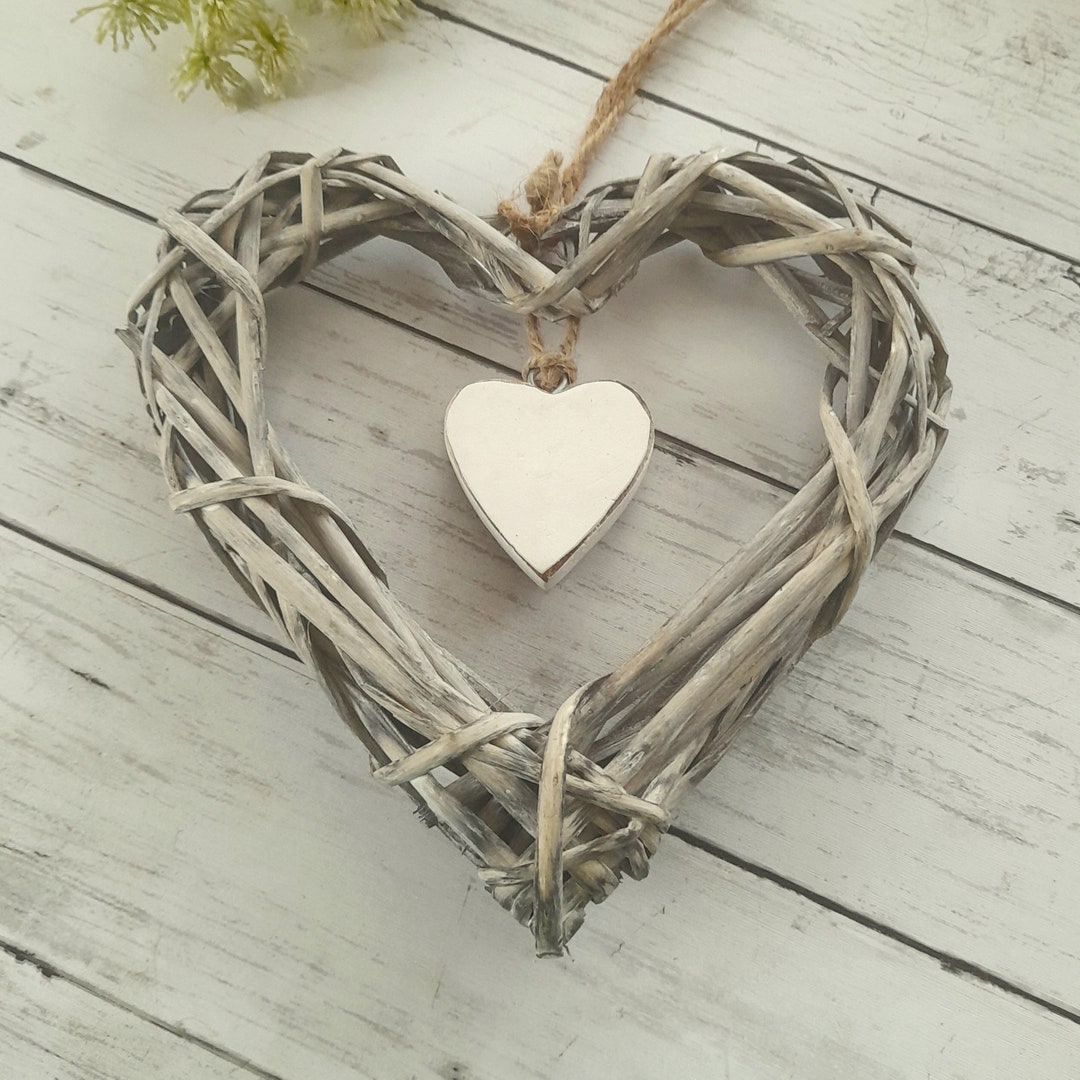 Medium Grey Willow Wicker Open Heart Hanging Decoration With Wooden ...