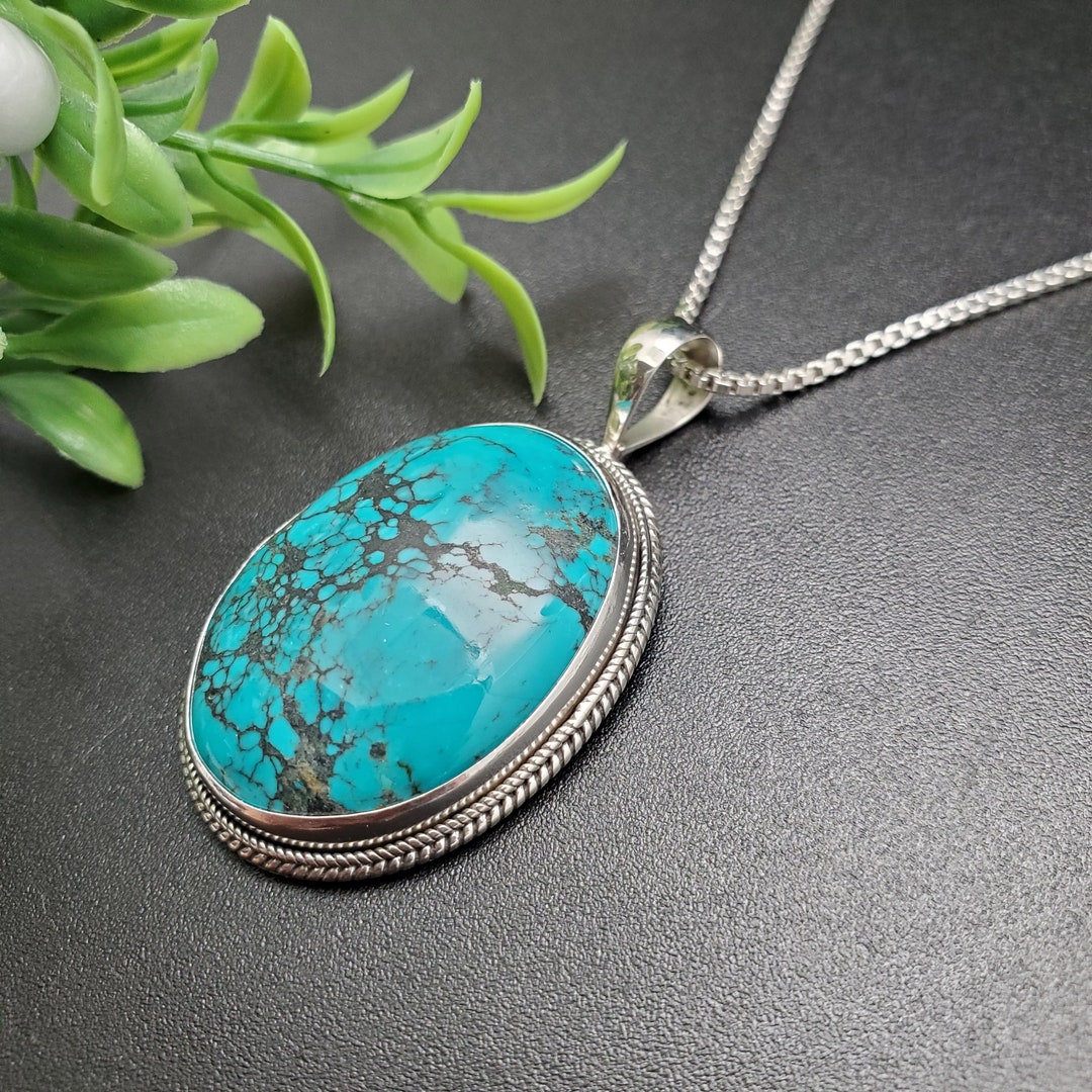STN #11 | 22x30mm Big Turquoise Necklace Pendant With Silver Chain ...