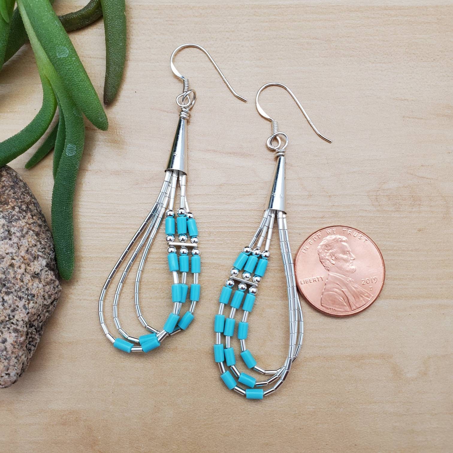 AlbuquerqueDesigns SoCute925 Dainty Liquid Silver Earrings Liquid Silver Kingman Turquoise Heishi Dangle Earrings Silver Turquoise Earrings Made in USA