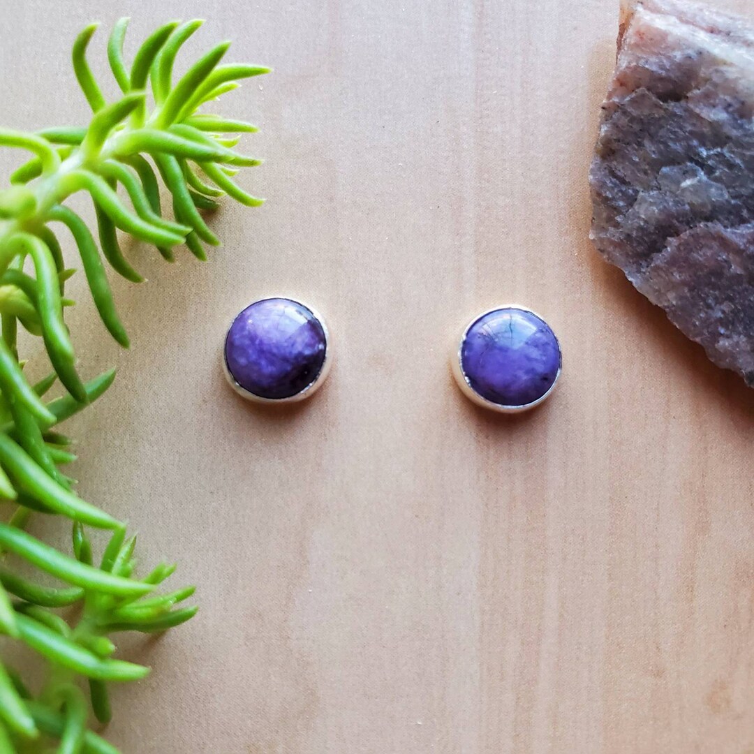 Socute925 8mm Charoite Stud Earrings | Sterling Silver Studs | Posts ...