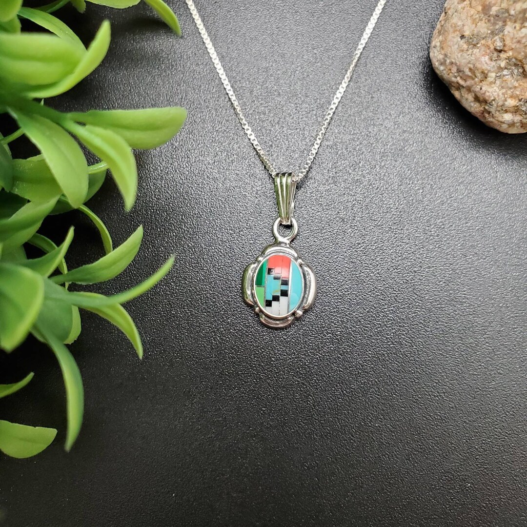 Dainty Multicolor Inlay Necklace Pendant With Silver Chain Necklace ...