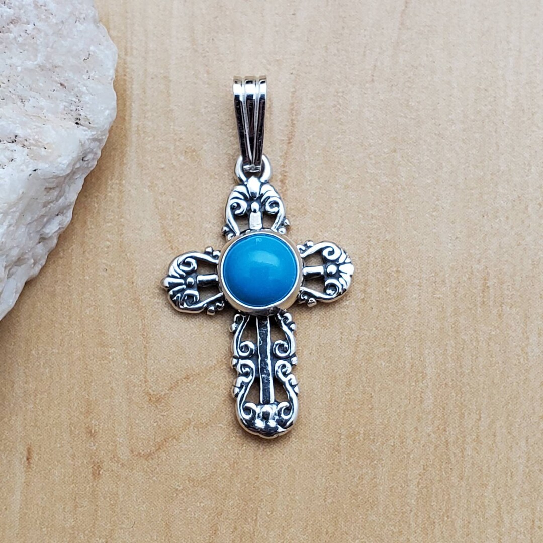 Small Blue Turquoise Cross Necklace Pendant | Sterling Silver Cross ...