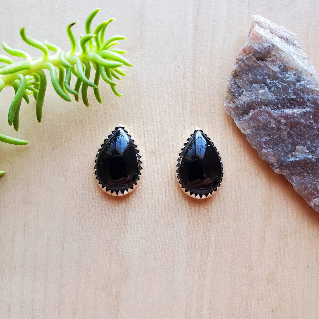 Socute925 Big Black Teardrop Post Earrings | Black Stud Earrings ...