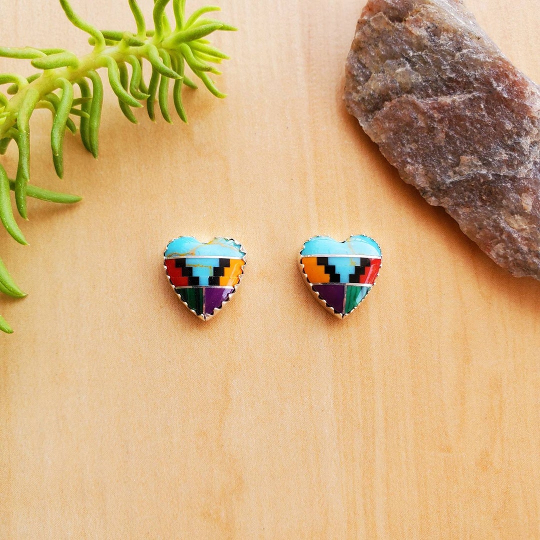 Socute925 10mm Colorful Inlay Heart Studs | Southwest Inlay Multicolor ...