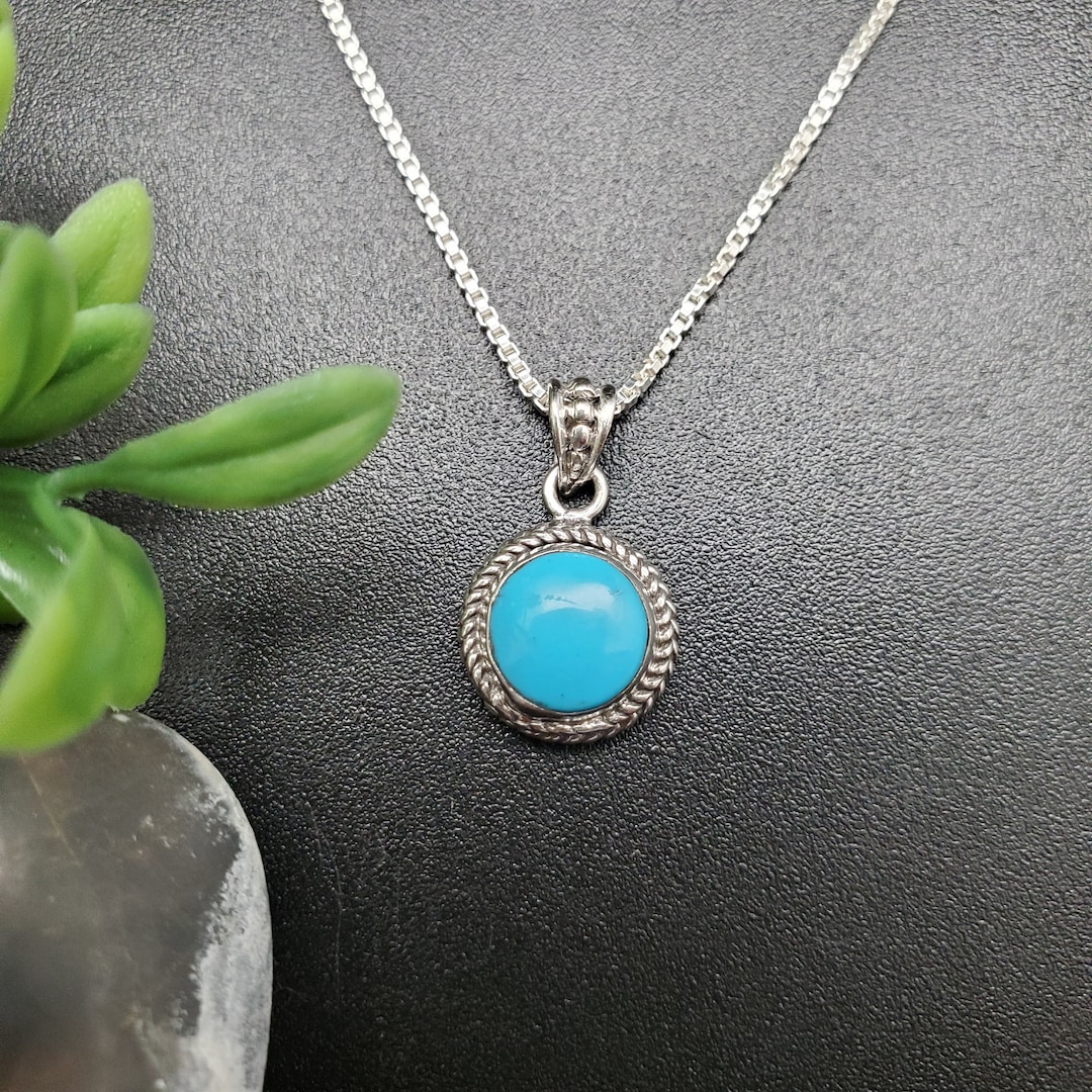 STN #55 | 8mm Round Blue Turquoise Necklace Pendant With Silver Chain ...