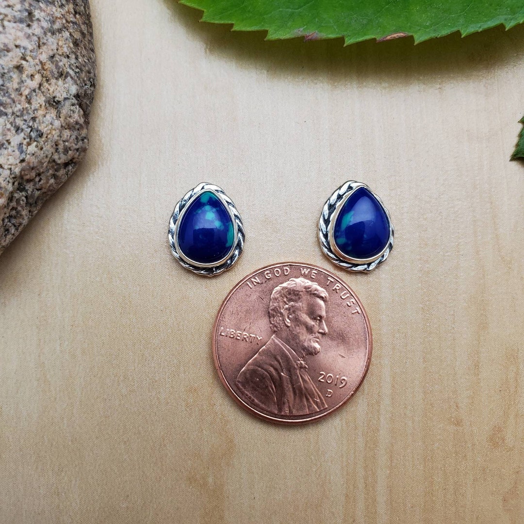 Socute925 Dainty Azurite Malachite Teardrop Stud Earrings | Azurite ...