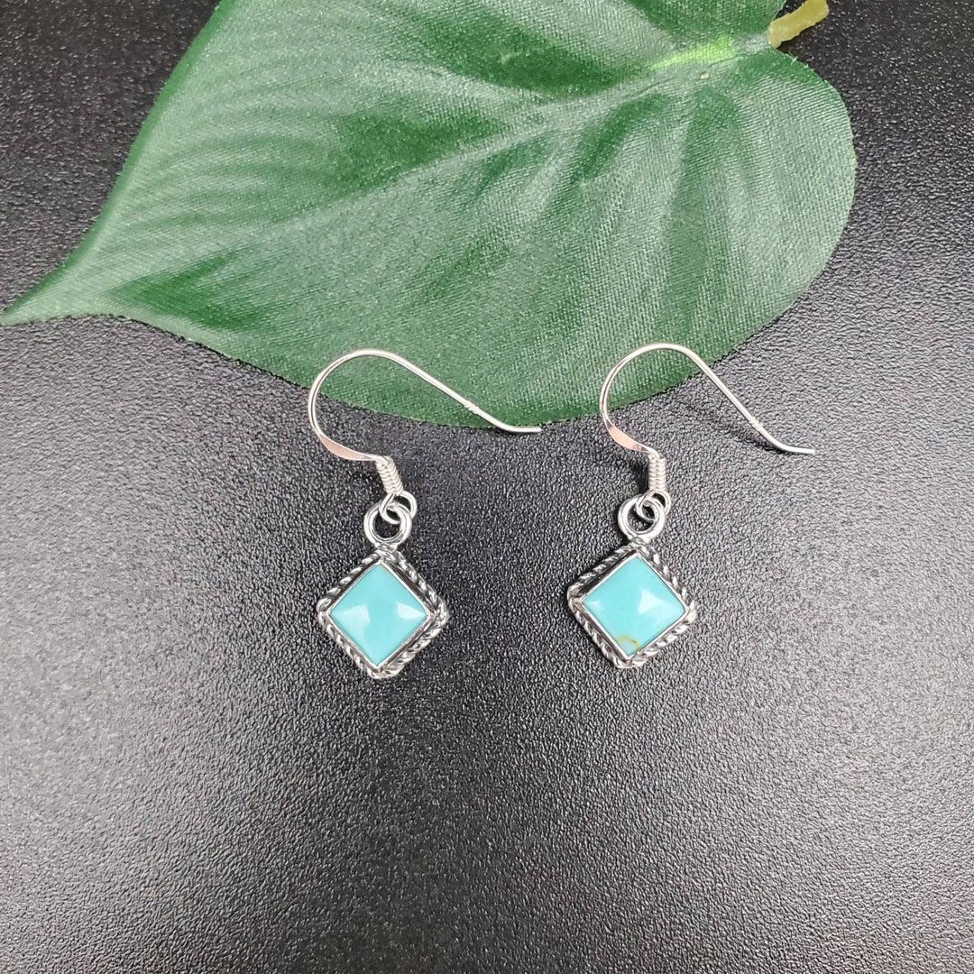 Socute925 6x6mm Small Square Kingman Turquoise Dangle Earrings - Etsy