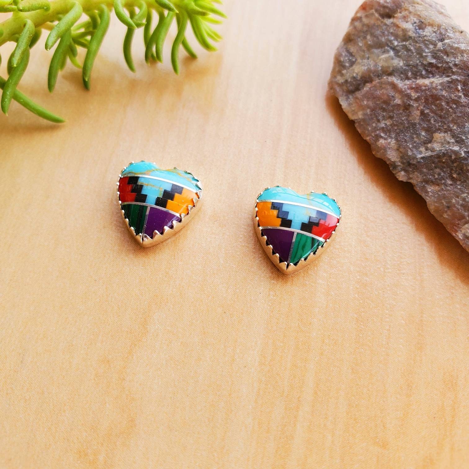 Socute925 10mm Colorful Inlay Heart Studs Southwest Inlay | Etsy